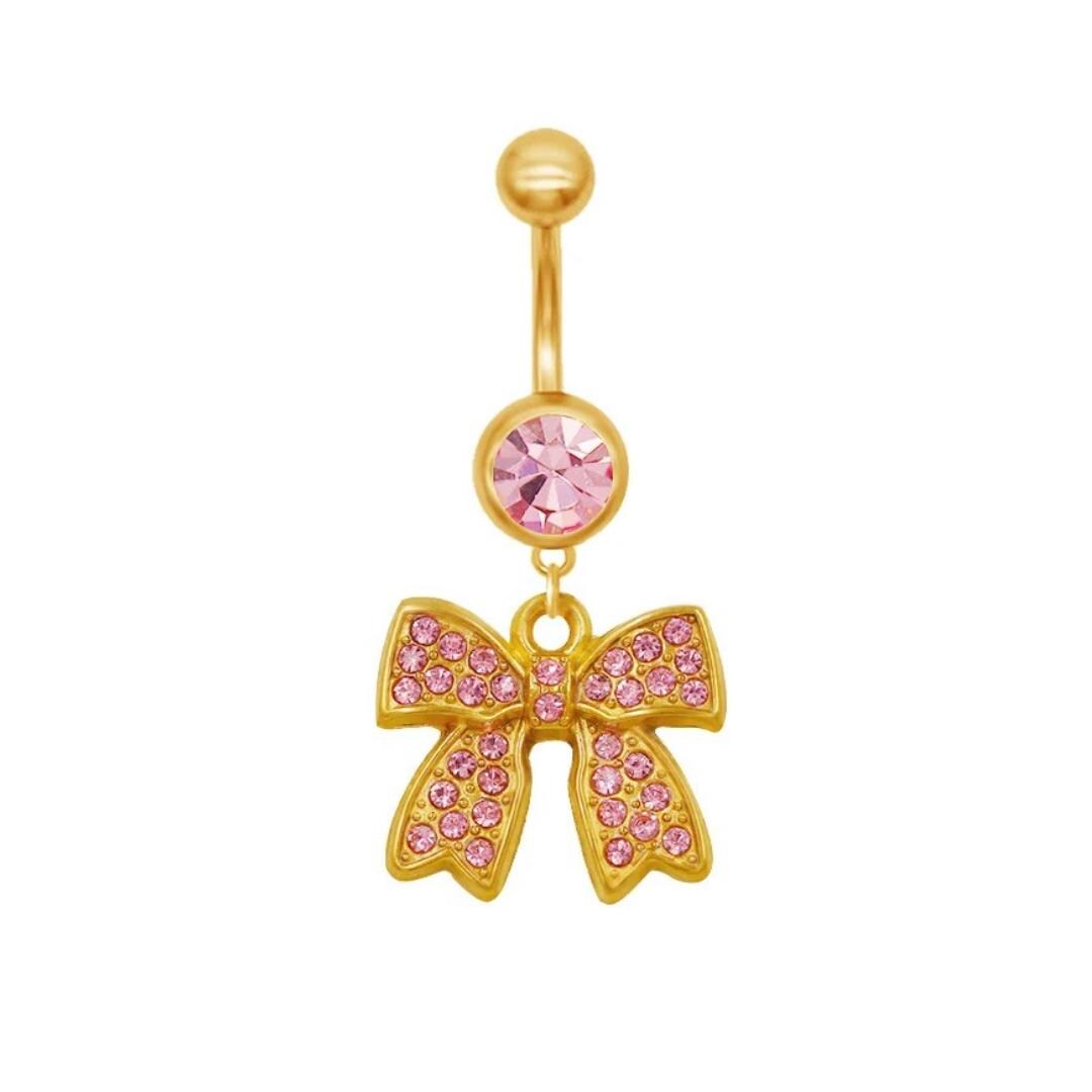 Gold Pink Diamante Dangling Bow Belly Bar Waterproof Stainless Steel ...