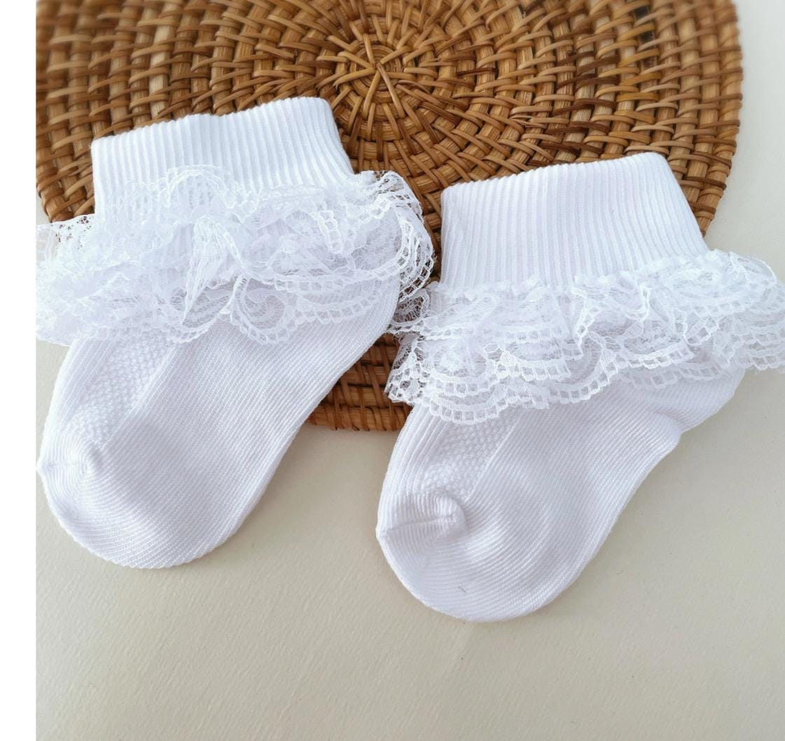 Girl Christening Socks in WHITE, Ruffle Socks, Baptism Socks, Ankle ...