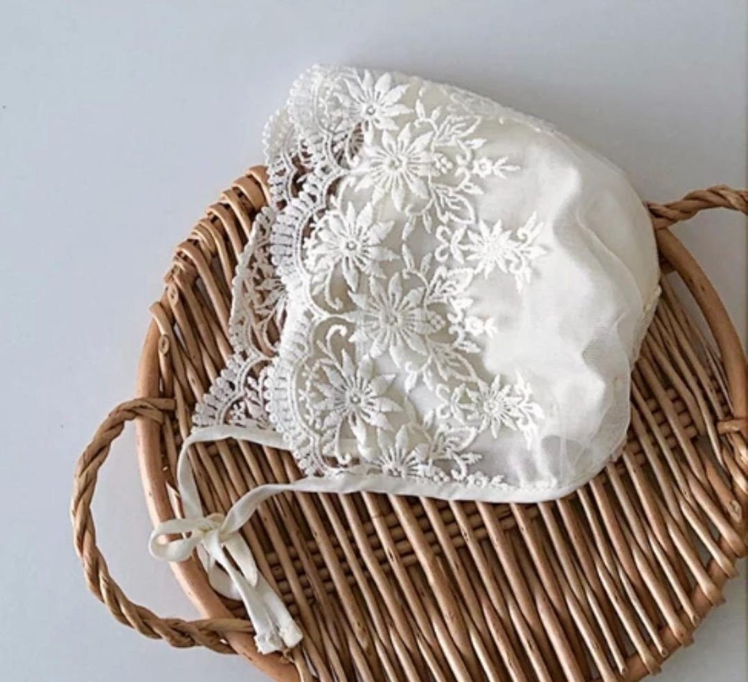 Lace Baby Bonnet in off White, Baby Hat, Photo Props Flower Summer Baby ...