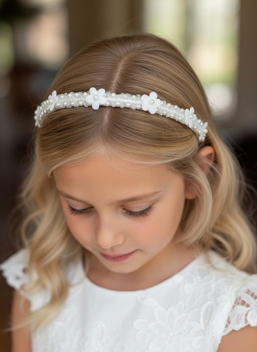 Pearl Daisy Flower Lace Holy Communion Headband: Satin Alice Band ...
