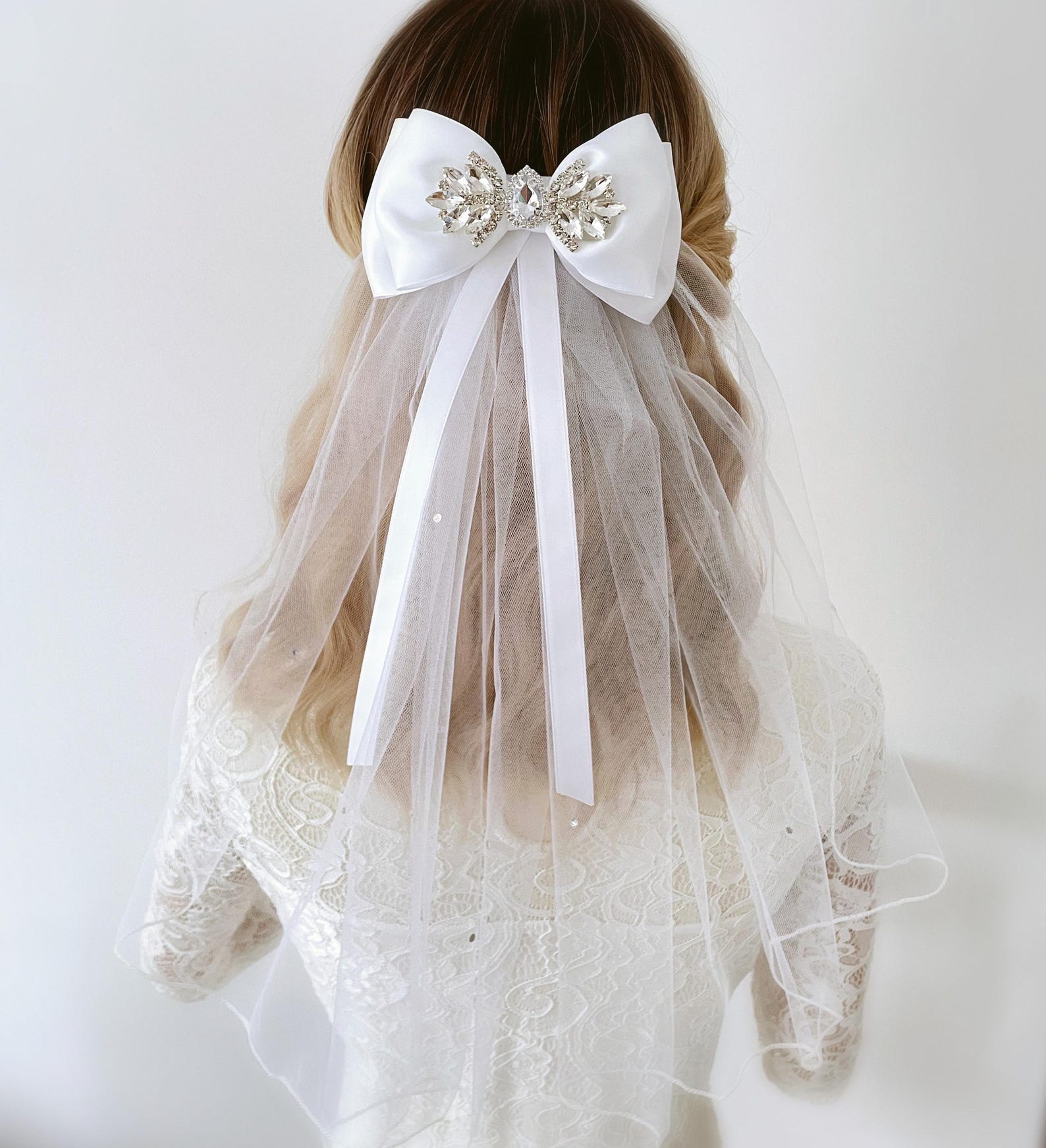 First Holy Communion Veil Bow Rhinestone Tulle Hair Accessory Girls ...