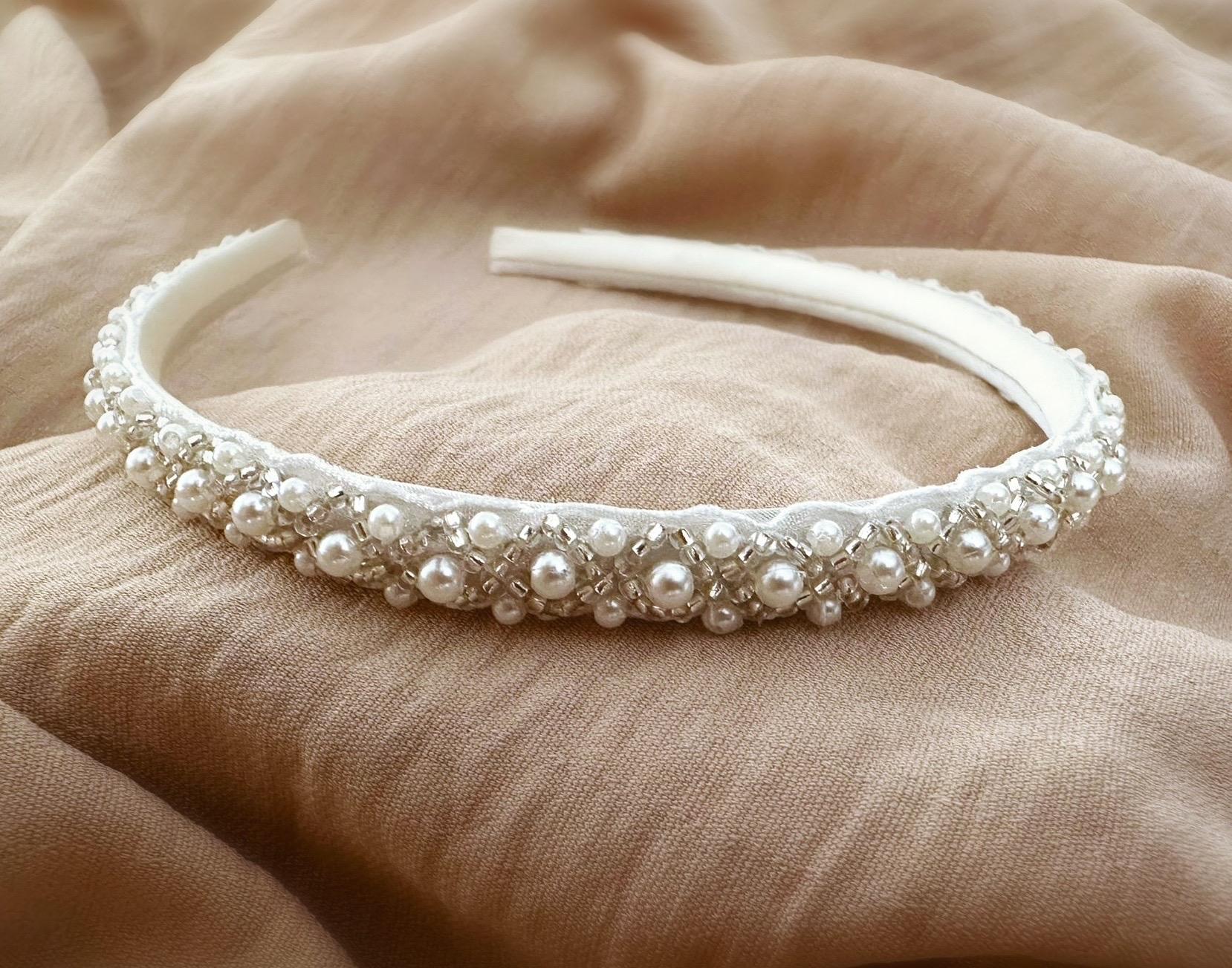 Pearl & Mini Beads Satin Headband - Holy Communion, Flower Girl - Etsy