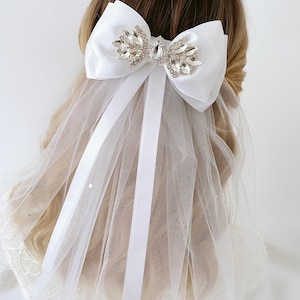 First Holy Communion Veil Bow Rhinestone Tulle Hair Accessory Girls ...