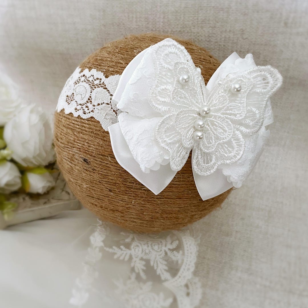 Baptism Headband in off White, Butterfly Headband, Christening Bow ...