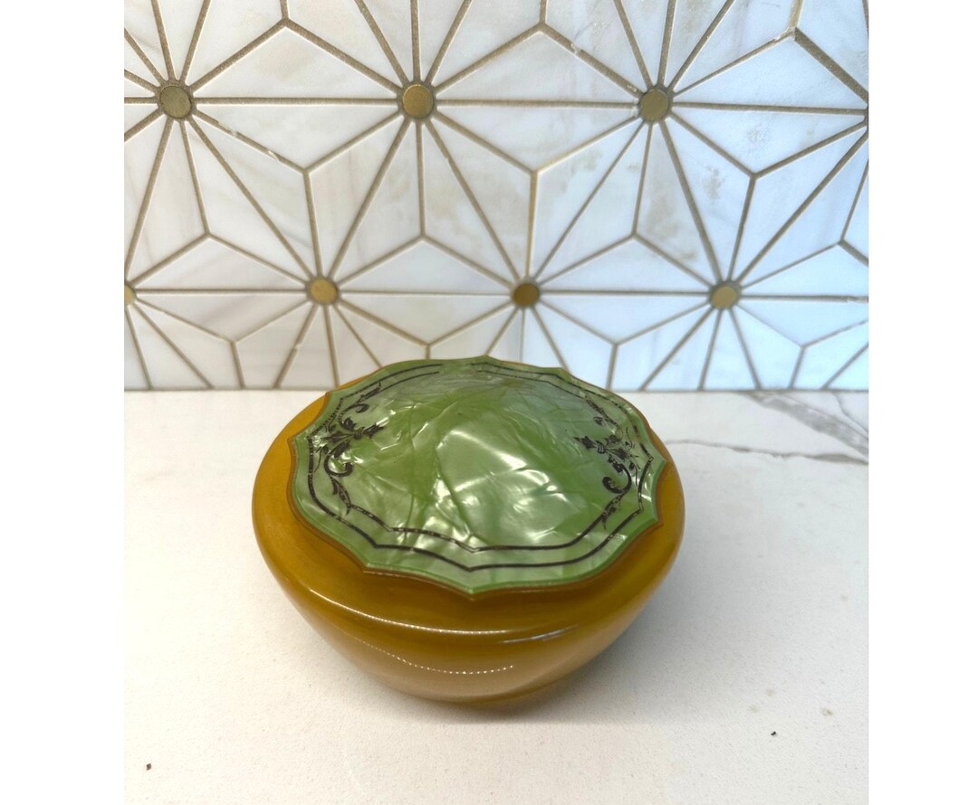 Art Deco Celluloid Vanity Jar – Green & Maize Yellow Powder Box, 1920s ...