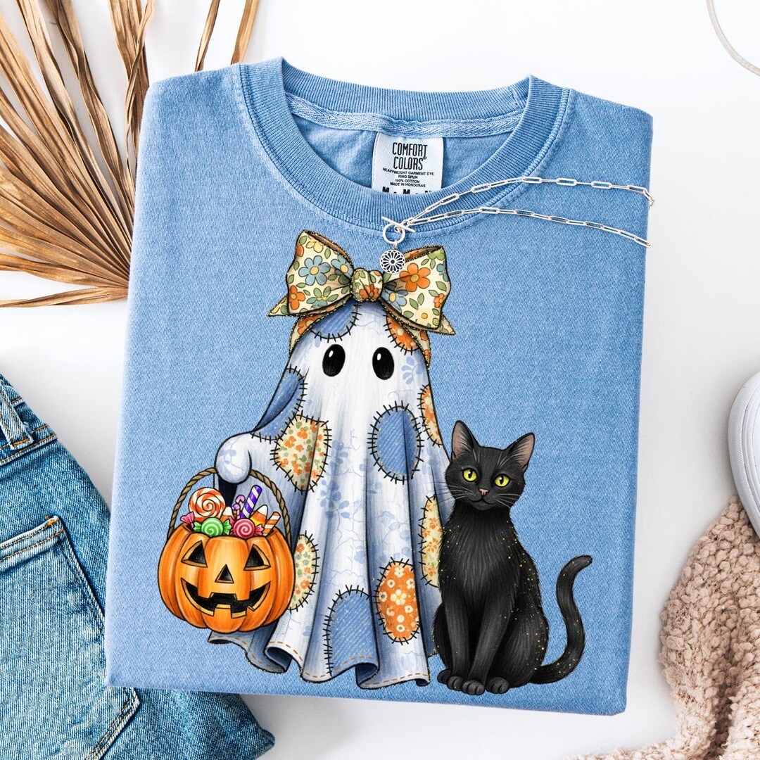 Retro Halloween Ghost PNG: Blue Denim, Patchwork, Coquette (digital ...