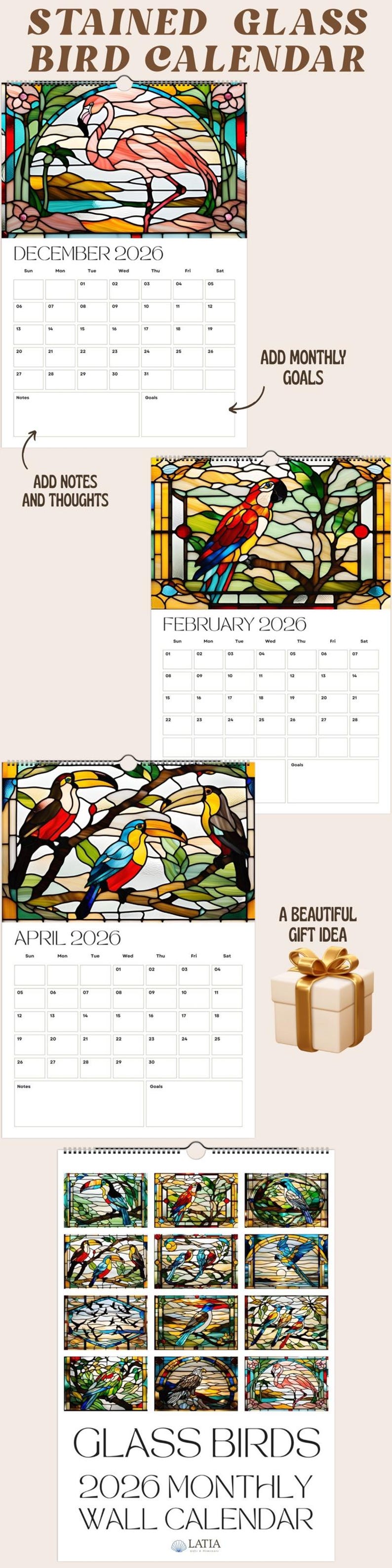 2026 Wall Calendar: Stained Glass Bird Art, Monthly Planner - Etsy
