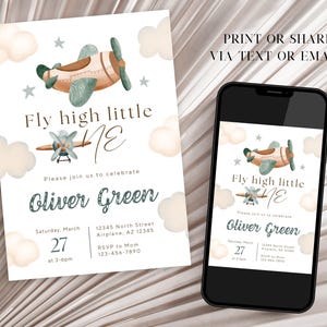 Airplane Birthday Invitation, Vintage 1st Birthday Party Invite, Fly ...