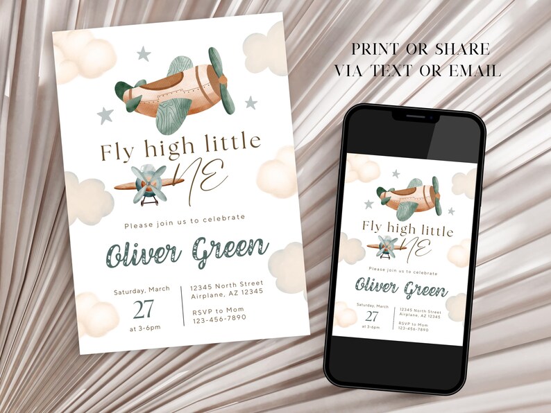 Airplane Birthday Invitation, Vintage 1st Birthday Party Invite, Fly ...