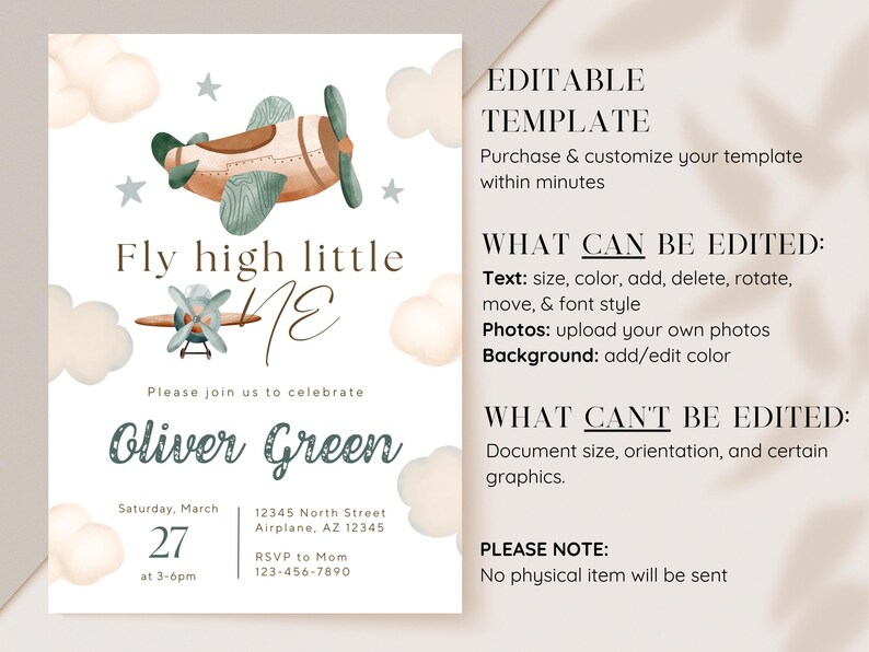 Airplane Birthday Invitation, Vintage 1st Birthday Party Invite, Fly ...