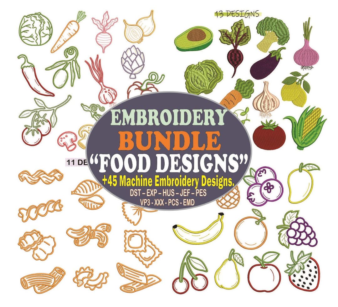 Paquete De Diseños De Bordado De Alimentos, Más De 45 Elementos De ...