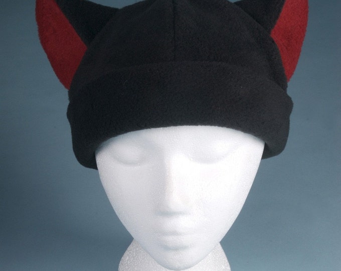 Cat Hat - Black / Red Fleece Kitty Cat Ears Mens Womens Beanie by ...