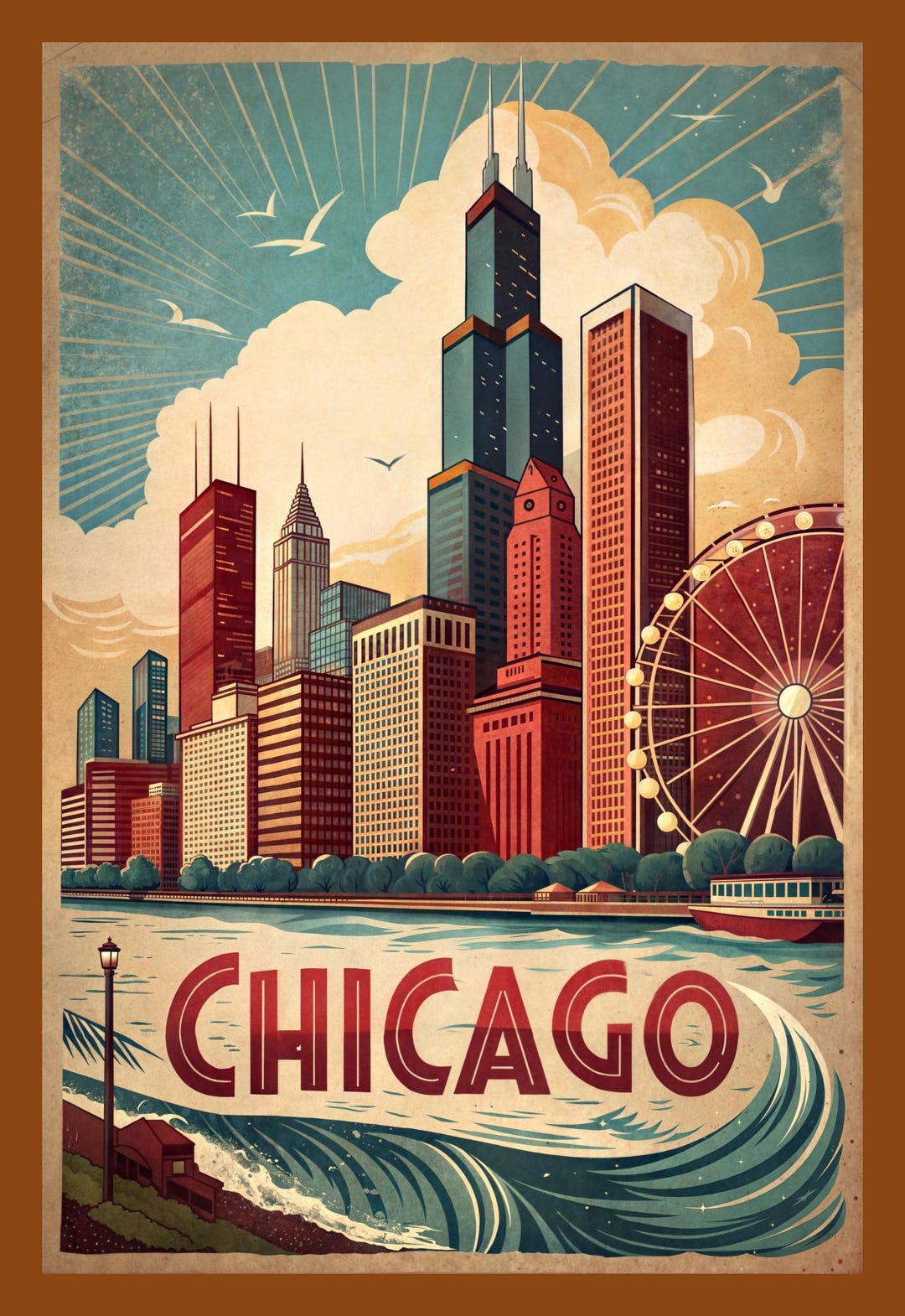 Vintage Chicago Poster | 1950s Retro Cityscape, Digital Download Wall ...