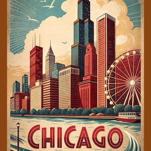 Vintage Chicago Poster | 1950s Retro Cityscape, Digital Download Wall ...