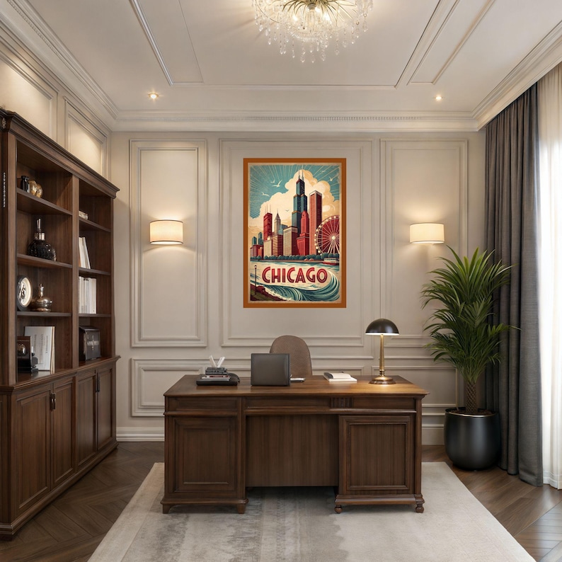 Vintage Chicago Poster | 1950s Retro Cityscape, Digital Download Wall ...