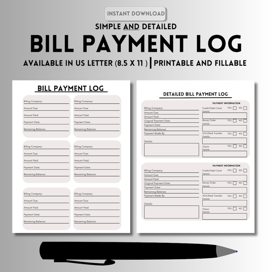 Bill Payment Log Printable & Fillable, Bill Record Keeper, Bill and ...