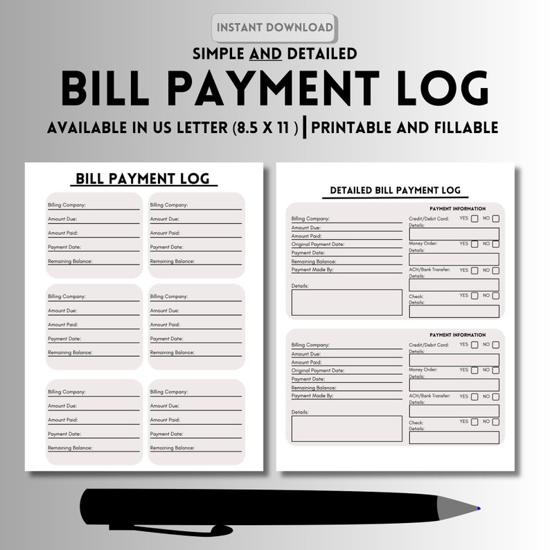 Bill Payment Log Printable & Fillable, Bill Record Keeper, Bill and ...