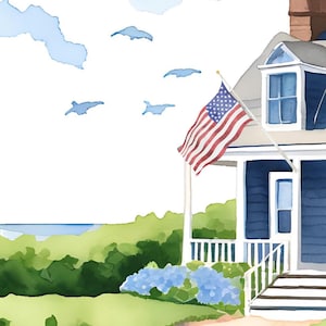Nantucket-inspired Blue Coastal Cottage Watercolor Print – Digital ...