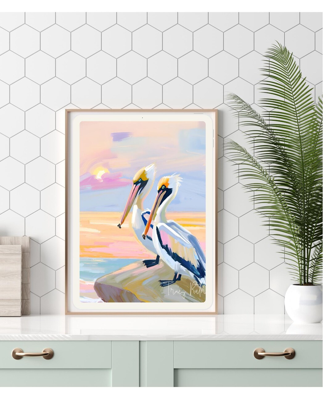 Preppy, Colorful Coastal Pelicans Beach Sunset - Fine Art Print ...