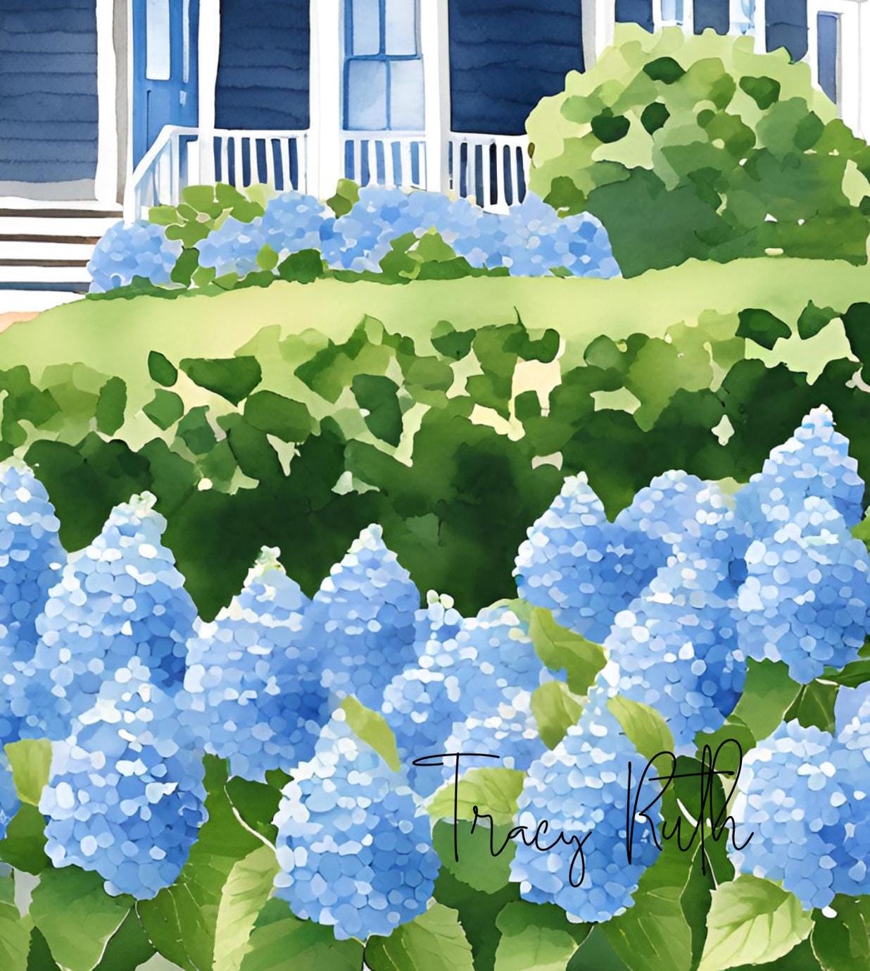 Nantucket-inspired Blue Coastal Cottage Watercolor Print – Digital ...