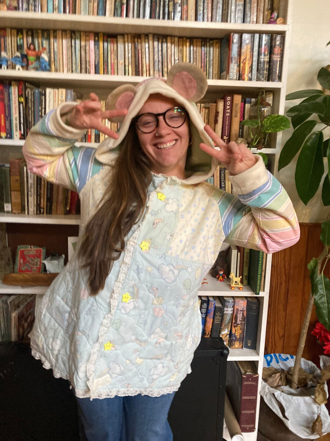 Mouse Pastel Rainbow Quilt Coat Upcycled Hoodie Kid Core Button UP Star ...