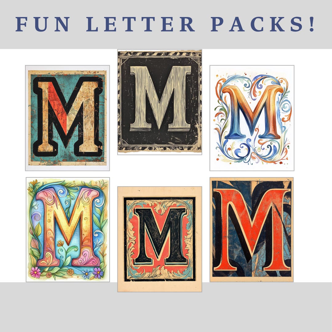 Letter M Variety Pack | Stylized Woodblock, Watercolor and Stylized ...