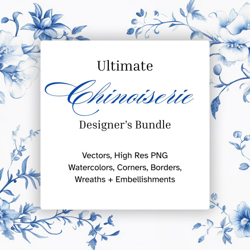Blue + White Floral Chinoiserie Clip Art Designer's Bundle | HD ...