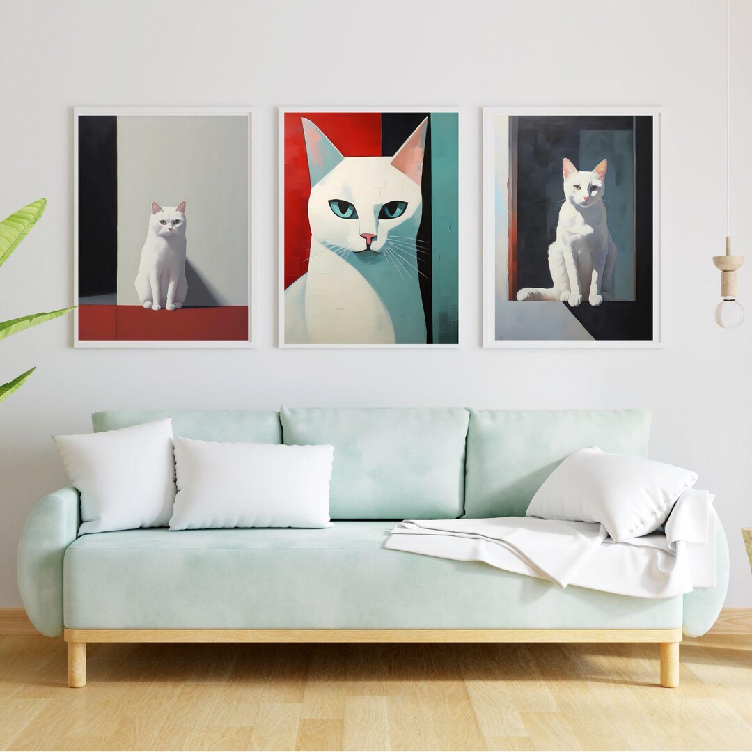 White Cat 3 Pack Printable Wall Art, White Cat Art, Bougie Picaso-style ...