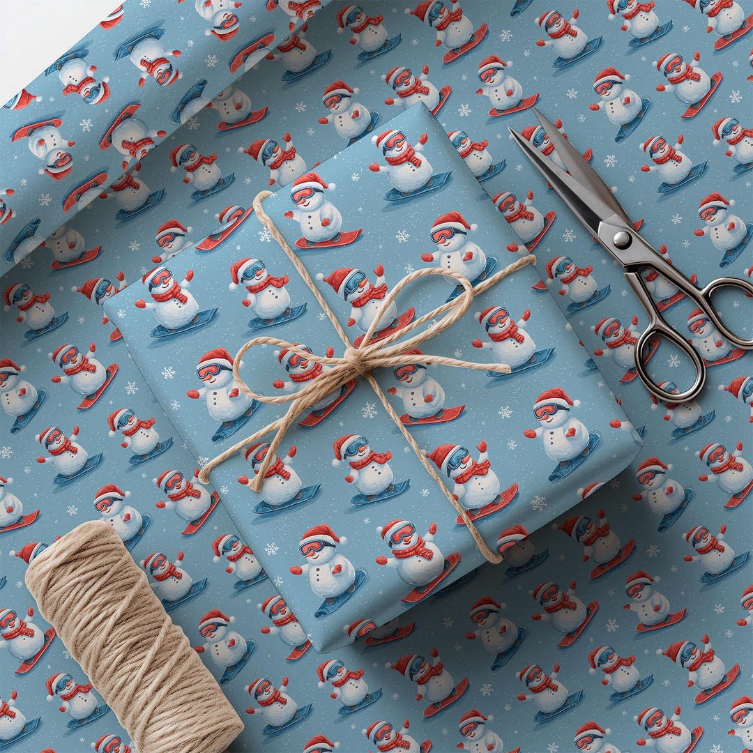 Christmas Wrapping Paper - Cute Snowman Gift Wrap, Snowboarding Snowmen ...
