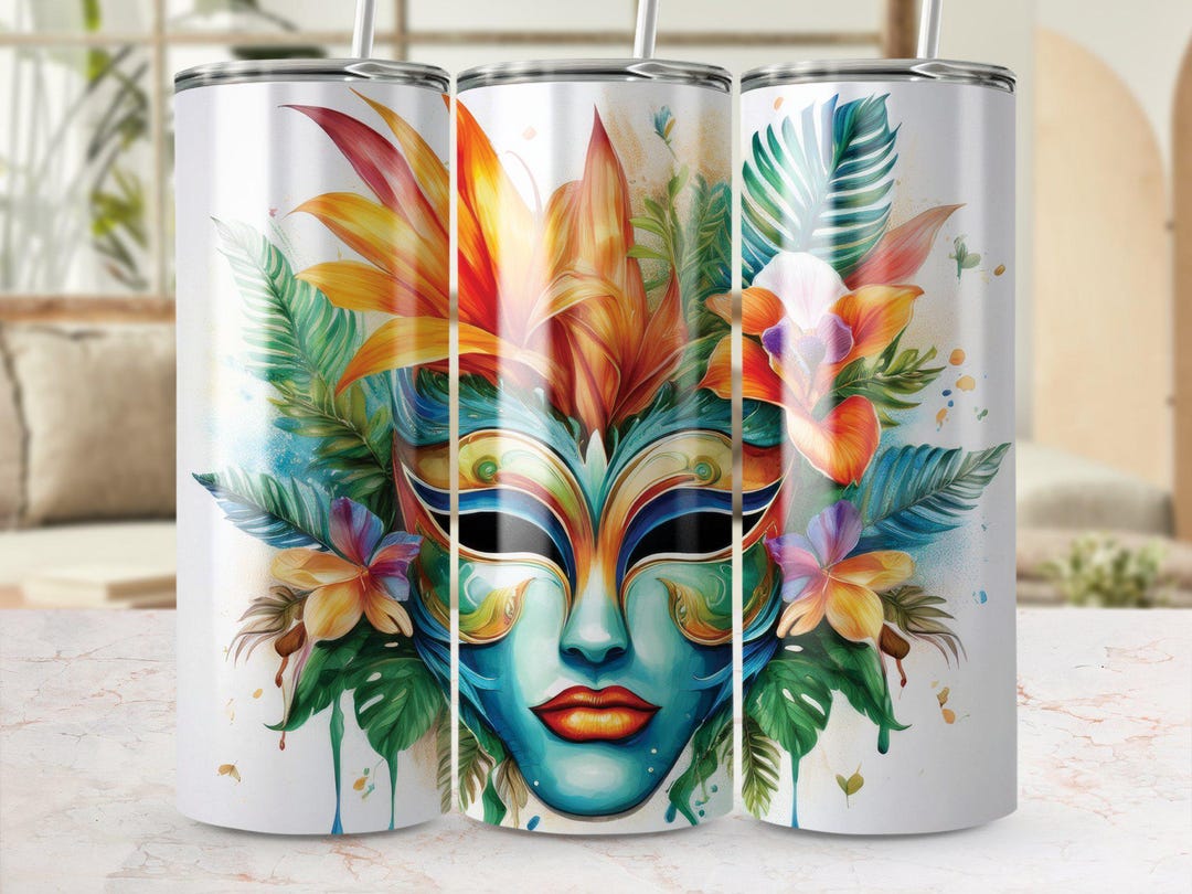 SEAMLESS Vibrant Carnival Mask Art Digital Tumbler Wrap, Tropical ...