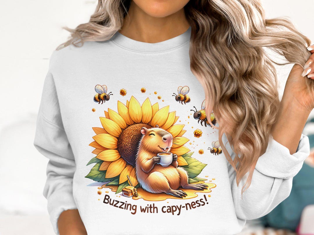 Cute Capybara and Sunflower With Bees Digital PNG, Buzzing With Capy ...