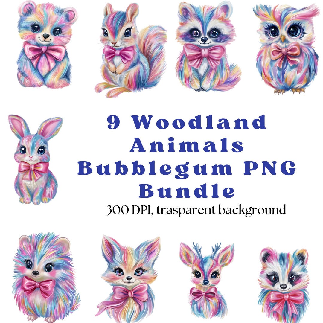 9 Woodland Animals in Bubblegum Colors PNG Bundle, Fox, Deer, Bear ...