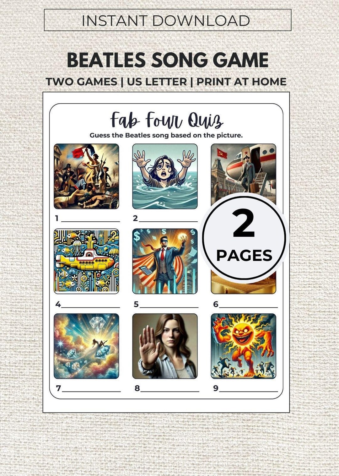 THE BEATLES SONG Quiz Printable Game | 60s Music Trivia Name That Tune ...