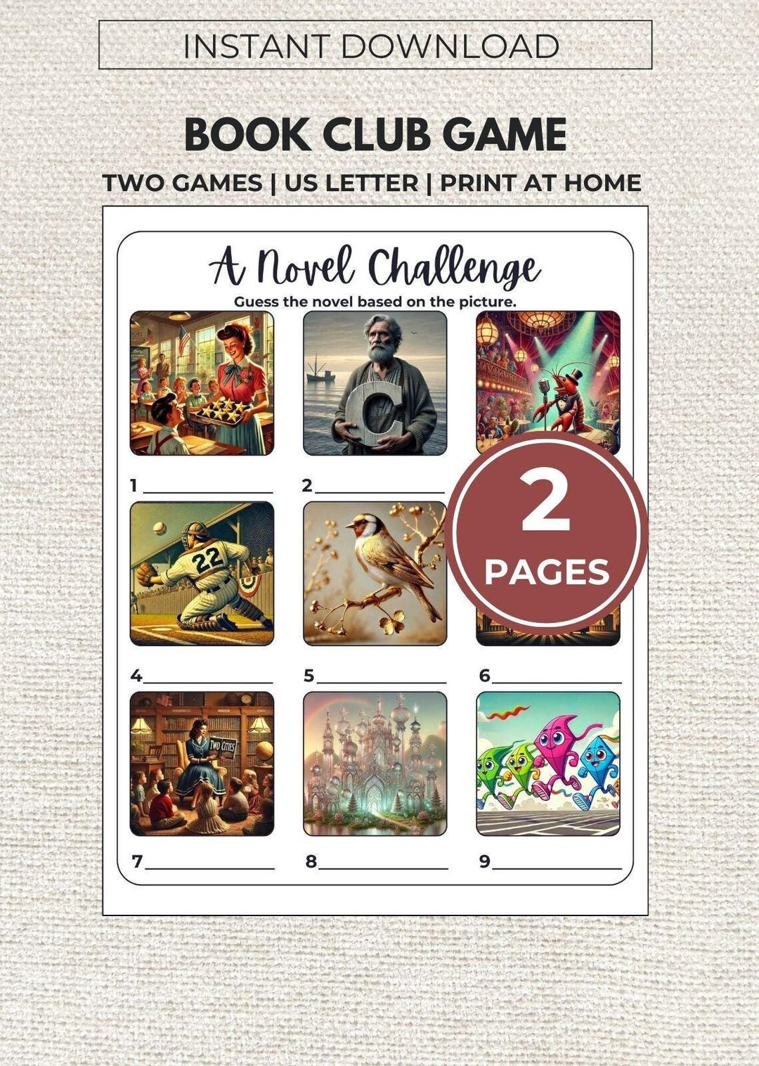 BOOK CLUB PRINTABLE Game Fun Game for Book Lovers Classic Literature ...