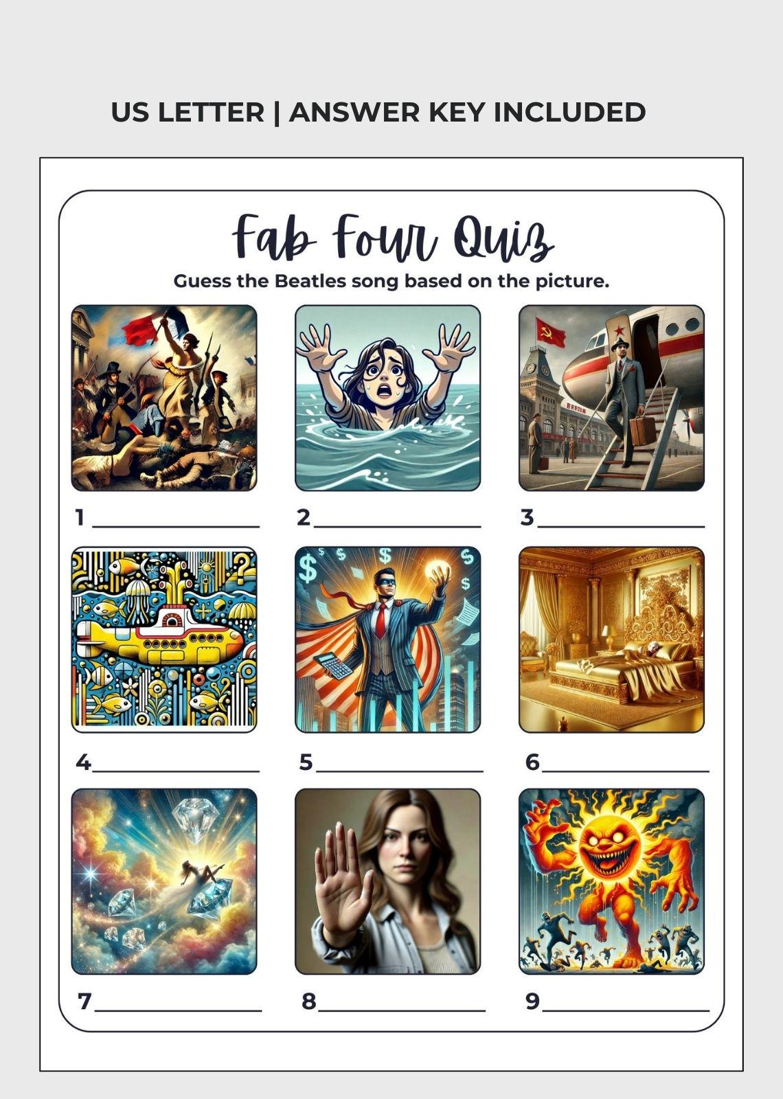 THE BEATLES SONG Quiz Printable Game | 60s Music Trivia Name That Tune ...