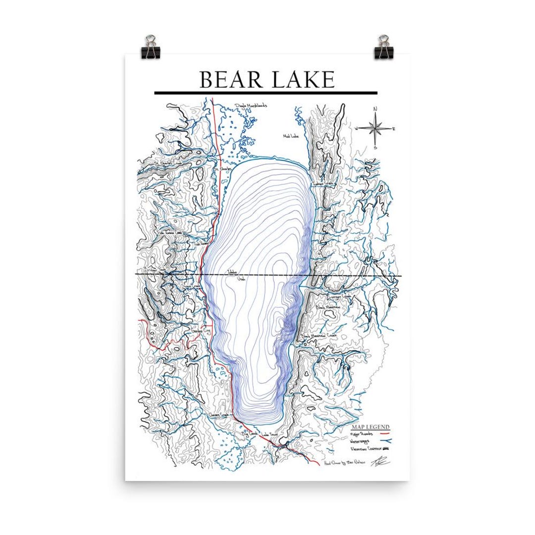 Bear Lake Hand Drawn Topographical Map - Matte Poster - Etsy
