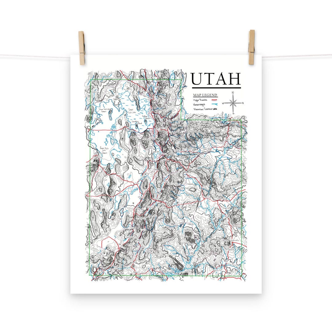 Utah Hand Drawn Topographical Map - Poster - Etsy