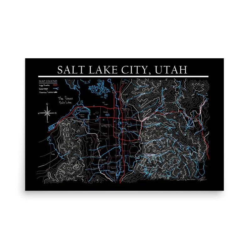 Salt Lake City Hand Drawn Map Matte Poster - Black - Etsy