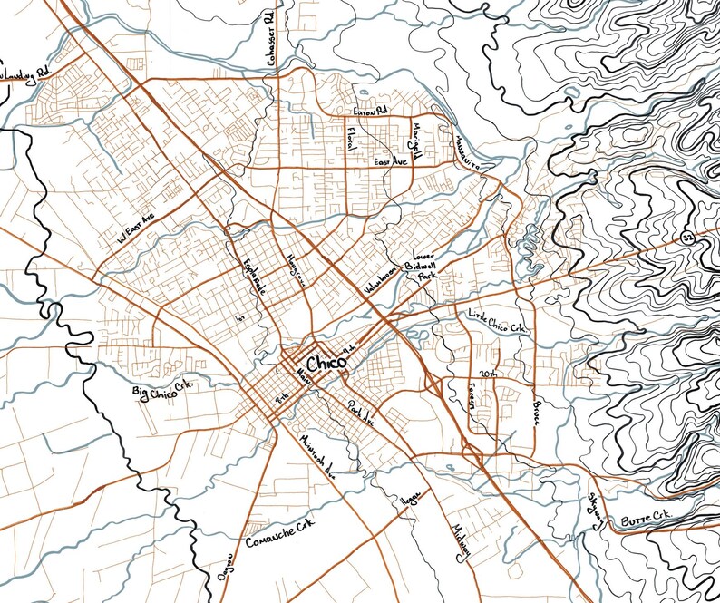 Hand Drawn Topographic Map of Chico and Paradise, CA - Framed Poster ...