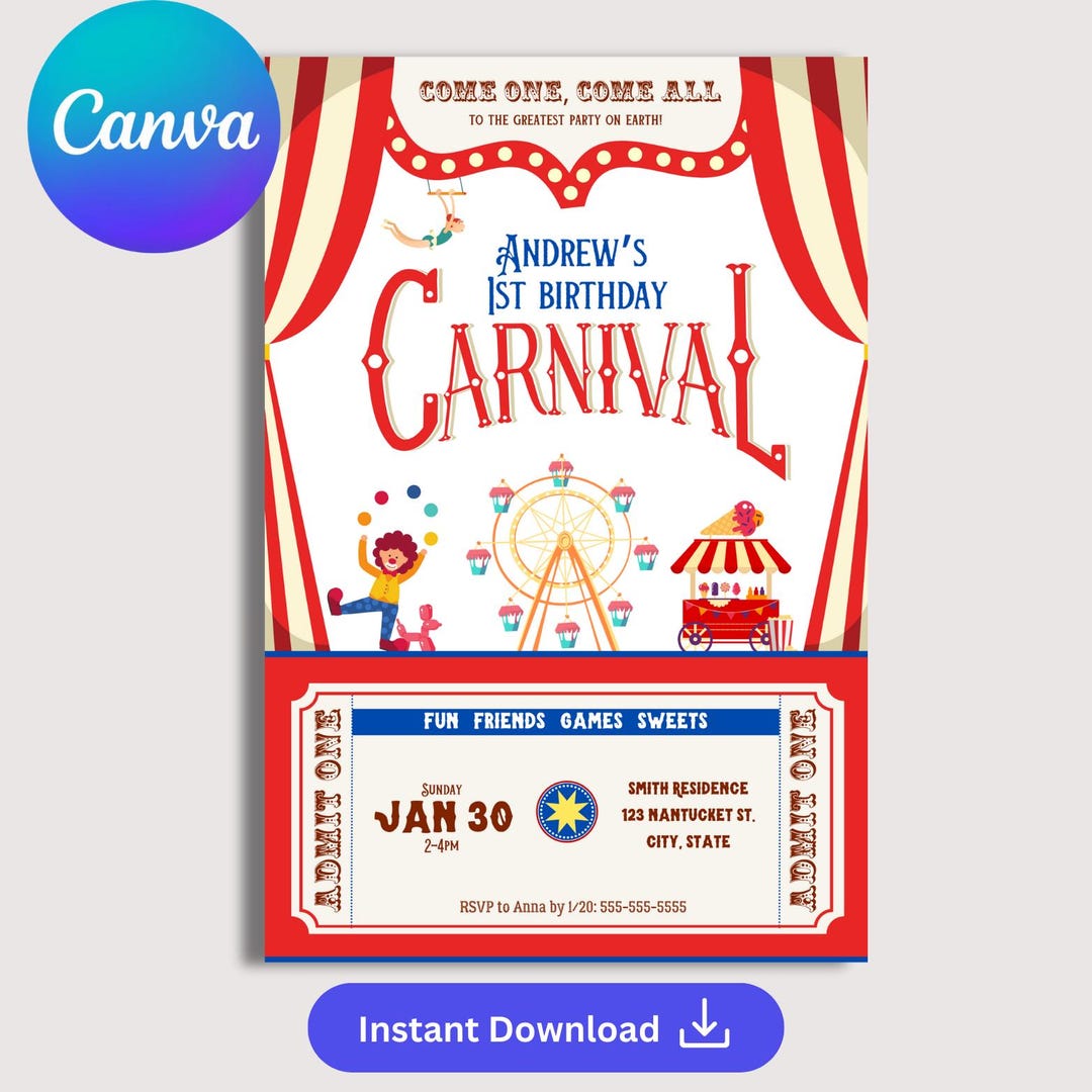 Editable Carnival Birthday Party Invitation | Birthday Party Invite ...