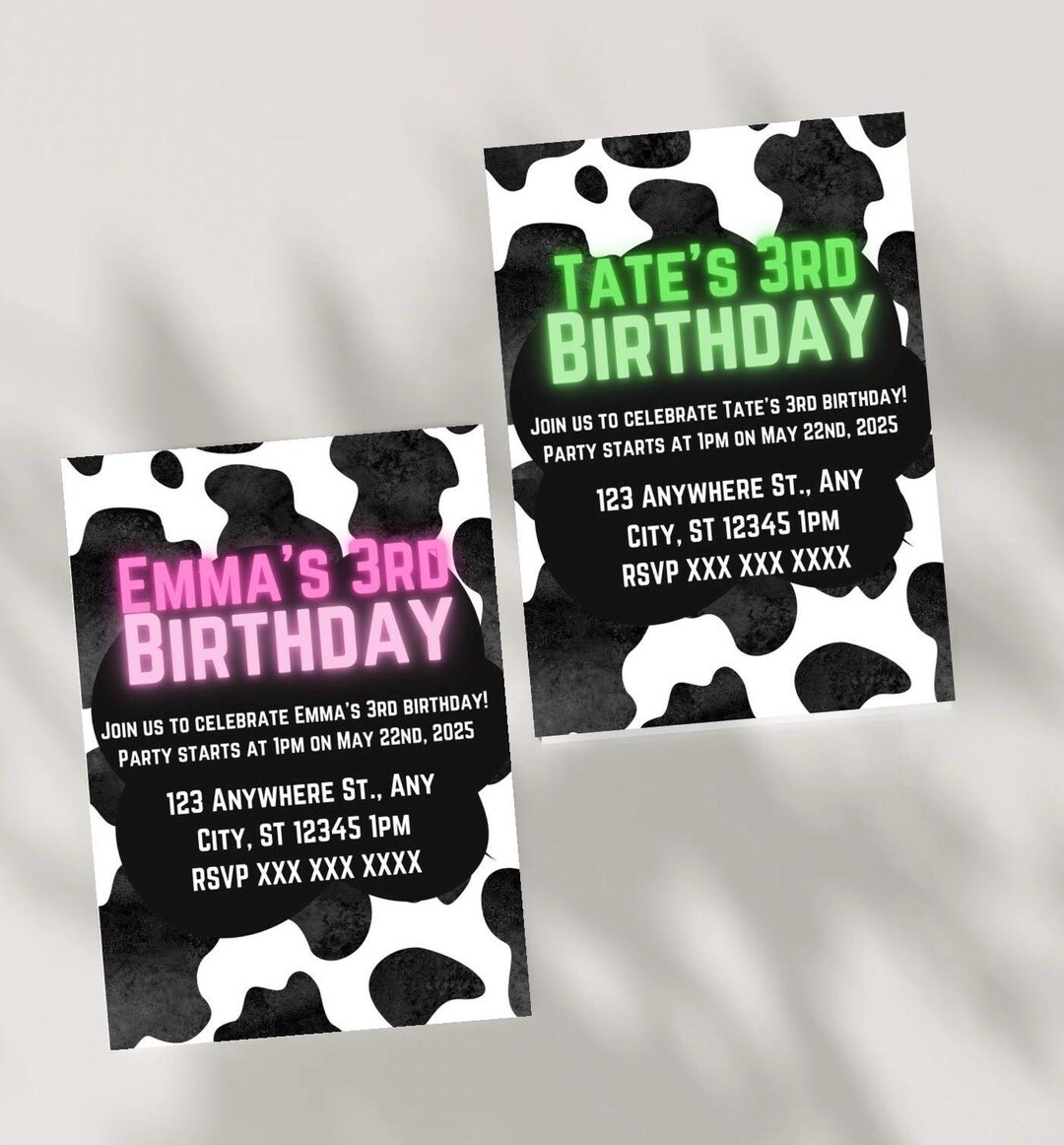 Cow Print Birthday Invite Neon Cow Print Birthday Invitation Custom ...