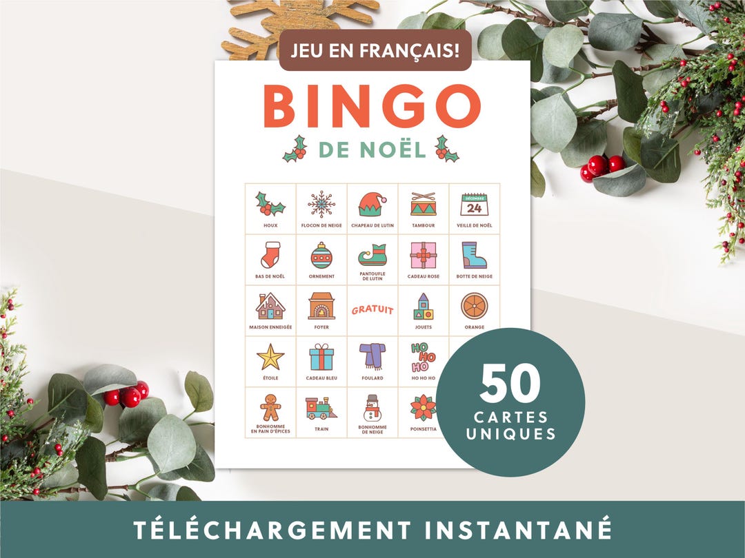 Jeu De Bingo Imprimable De Noël | 50 Cartes | Téléchargement Instantané ...