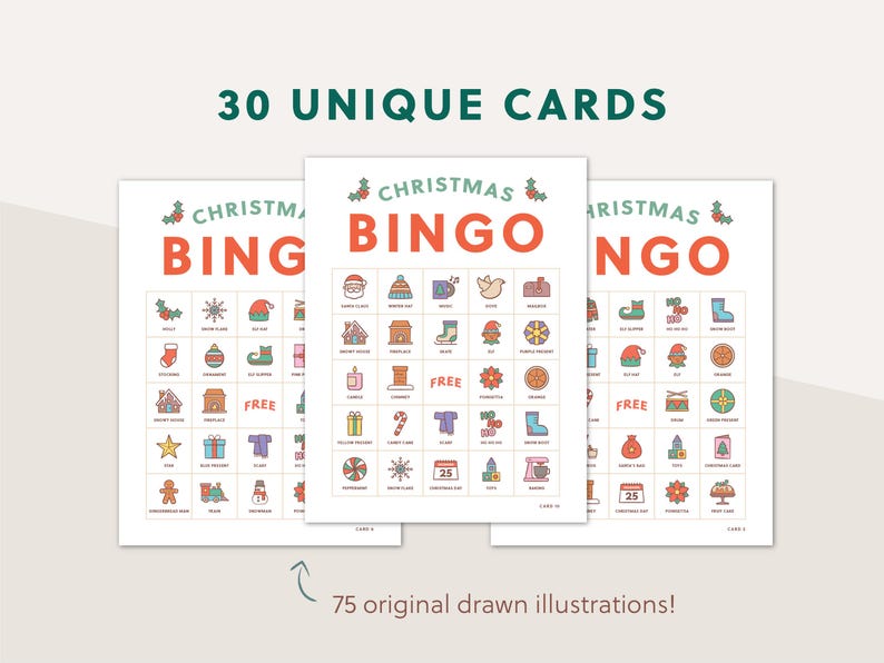Printable Christmas Bingo Game 30 Cards Instant Download Fun Digital ...