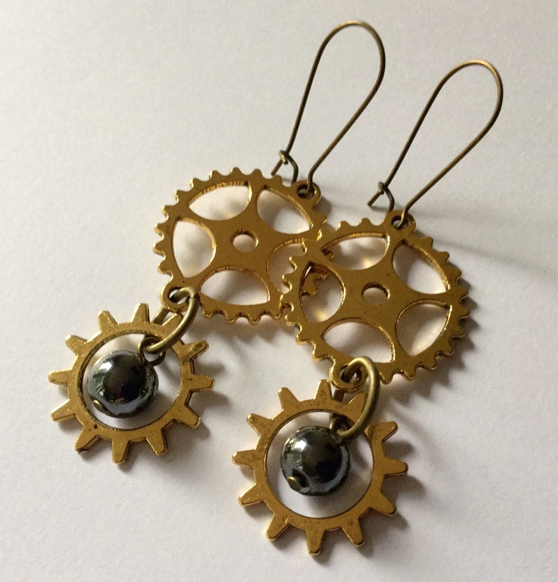 Steampunk Cog Earrings Upcycled Industrial Gold Metal Watch Part Gears ...