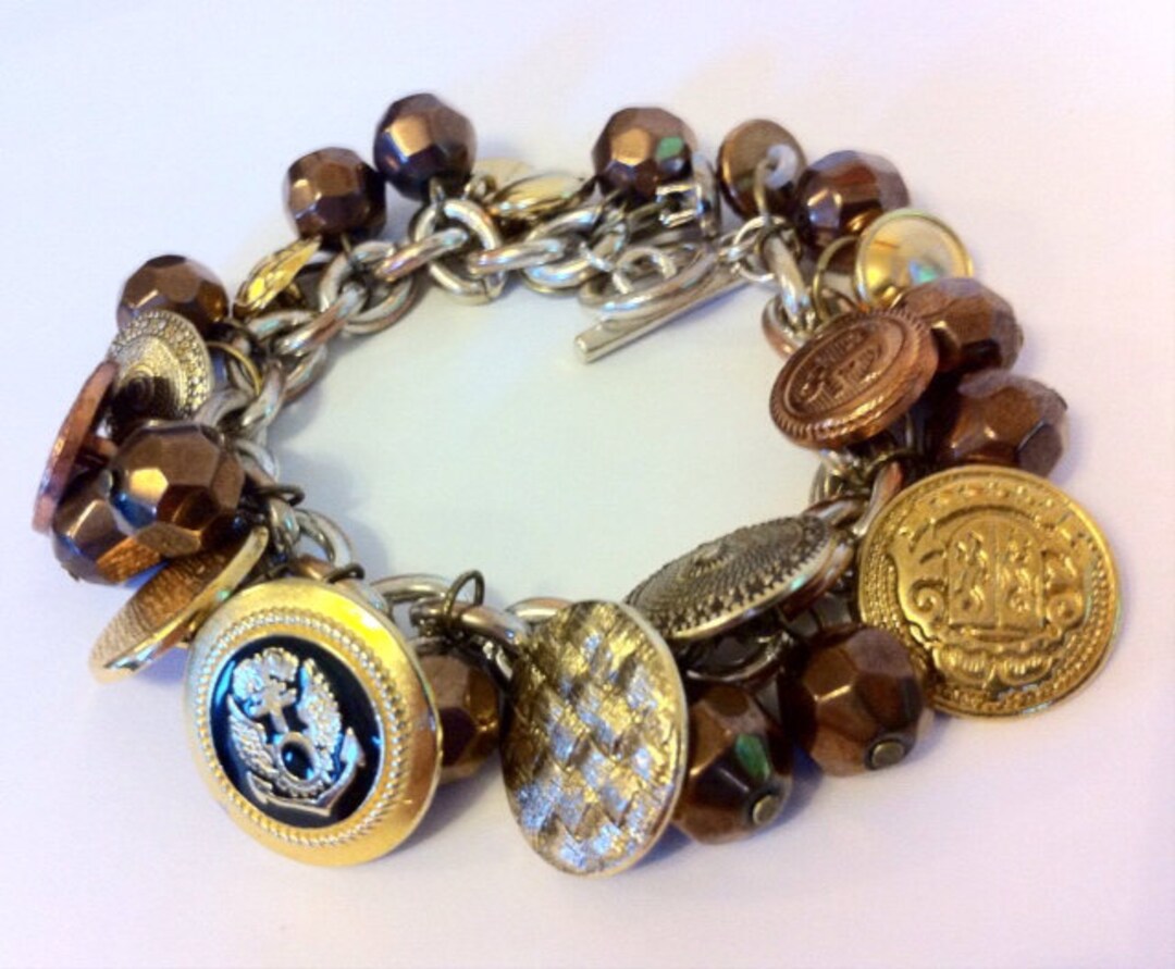 Vintage Metal Button Charm Bracelet Old Bronze and Gold Metal Buttons ...