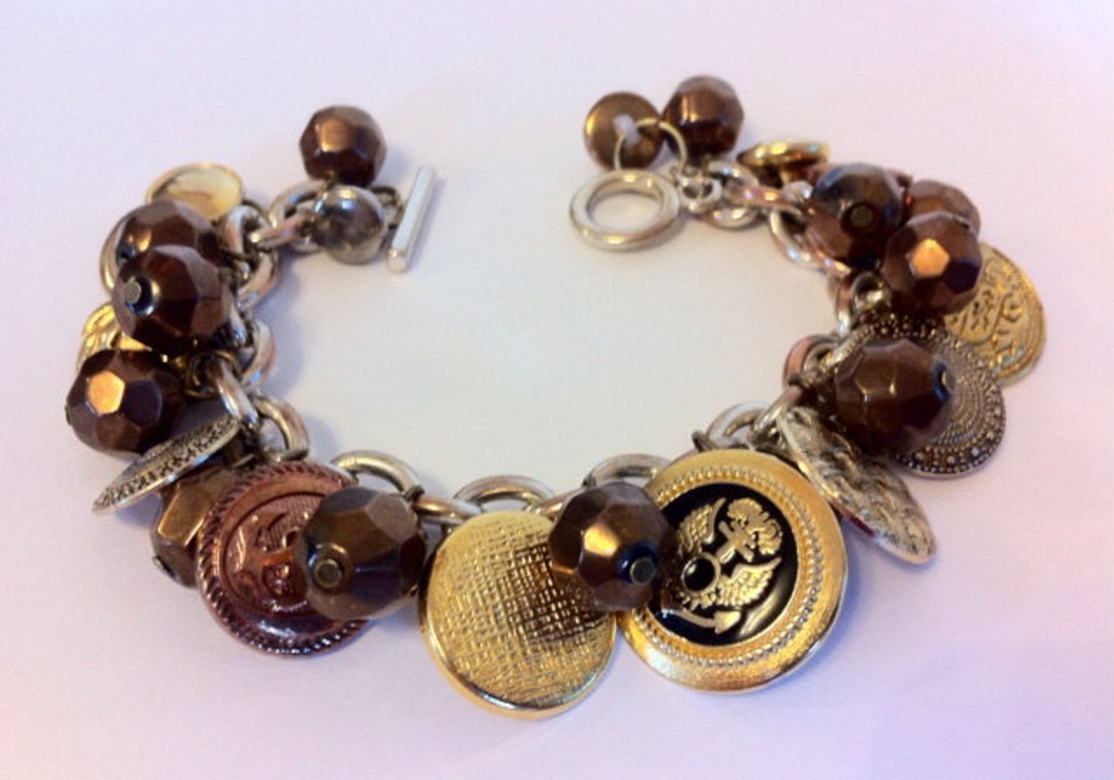 Vintage Metal Button Charm Bracelet Old Bronze and Gold Metal Buttons ...