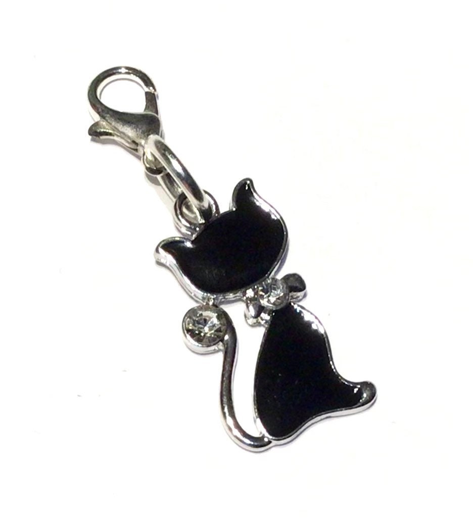 Lucky Black Cat Enamel Zipper Charm Good Luck Kitty Clip-on Silver Zip ...
