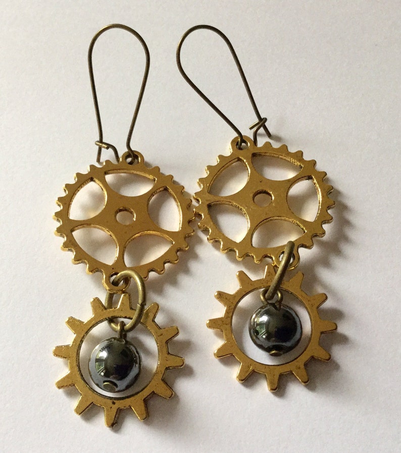 Steampunk Cog Earrings Upcycled Industrial Gold Metal Watch Part Gears ...