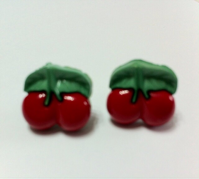 Cherry Button Earrings Vintage Style Up-cycled Fruity - Etsy