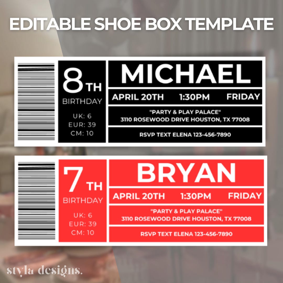 Shoe Sneaker Box Label, Sneaker Box Template, Birthday Shoe Box Label ...